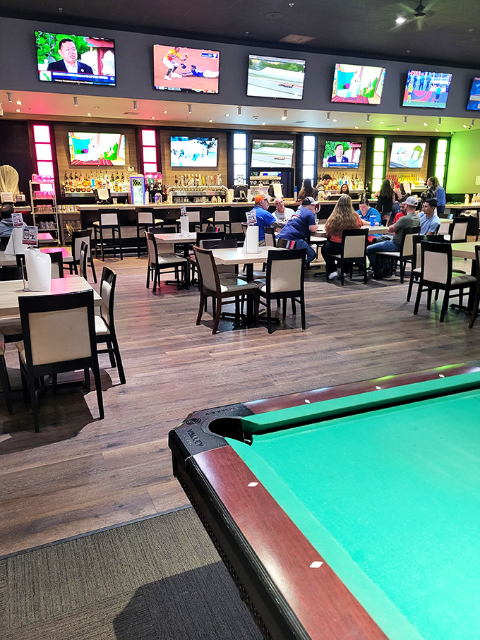 Where leisure meets libation&mdash;this modern dining area offers a perfect perch for parents while kids play nearby. Strategic relaxation station!