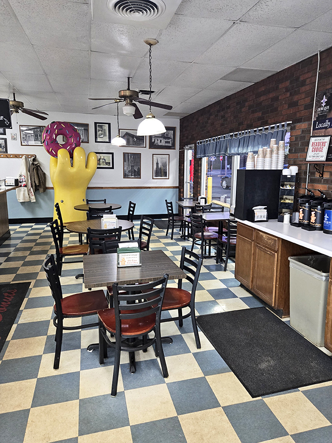 Classic black and white checkered floors create the perfect backdrop for donut-based decision making. Simplicity at its most delicious.