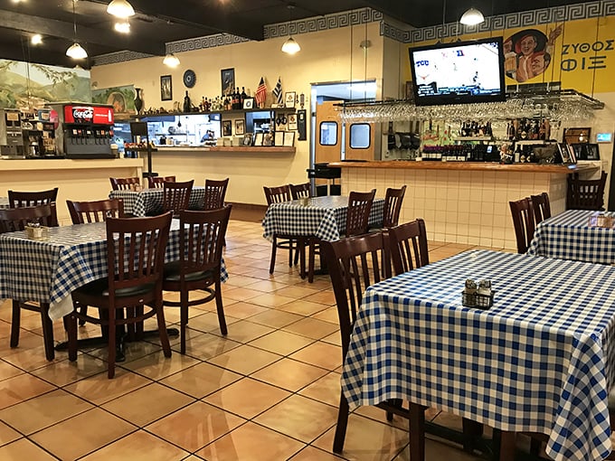 Blue and white checkered tablecloths transport you straight to Greece without the jet lag or passport drama.