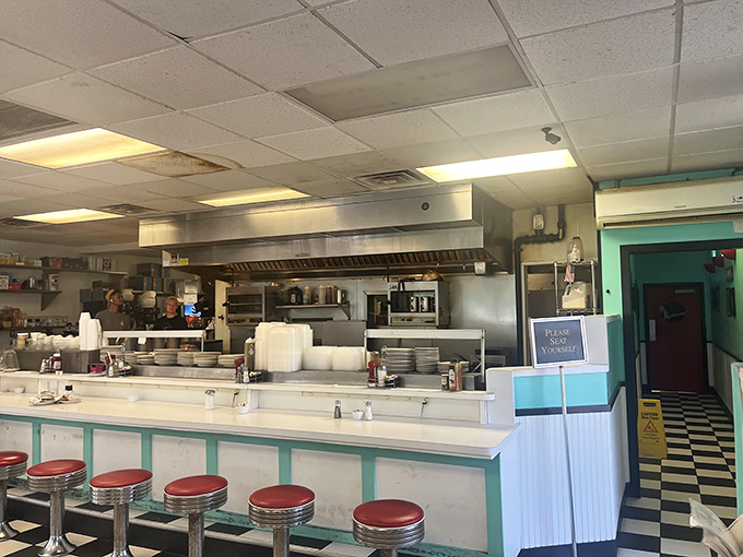 The classic diner counter setup isn't retro by design; it simply never needed changing. Perfection doesn't require renovation.