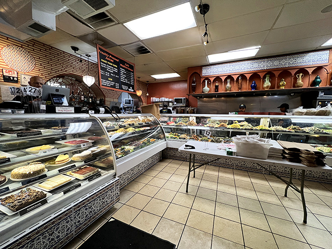 Food paradise doesn't need fancy d&eacute;cor&mdash;just look at this display case! Rows of vibrant Mediterranean delights wait patiently for their moment of glory on your plate.