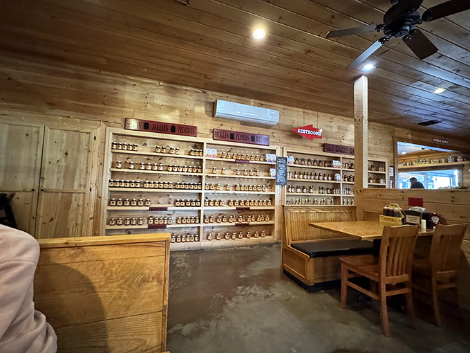 Wall-to-wall sauce bottles line the interior like a library of flavor possibilities, each waiting to enhance your barbecue experience.