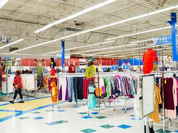 Bright lights illuminate a thrifter's paradise where clothing racks stretch toward the horizon like a secondhand fashion runway.