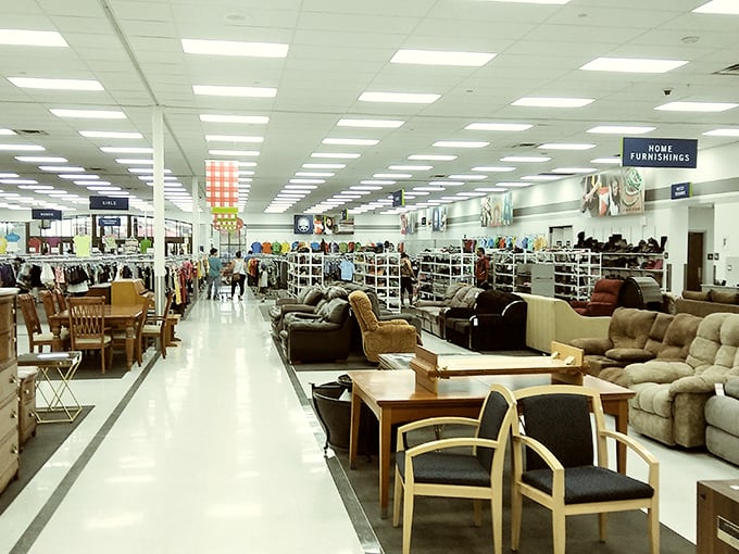 Aisles that stretch into infinity promise adventures in thrifting. The "Home Furnishings" sign might as well read "Possibility Department."