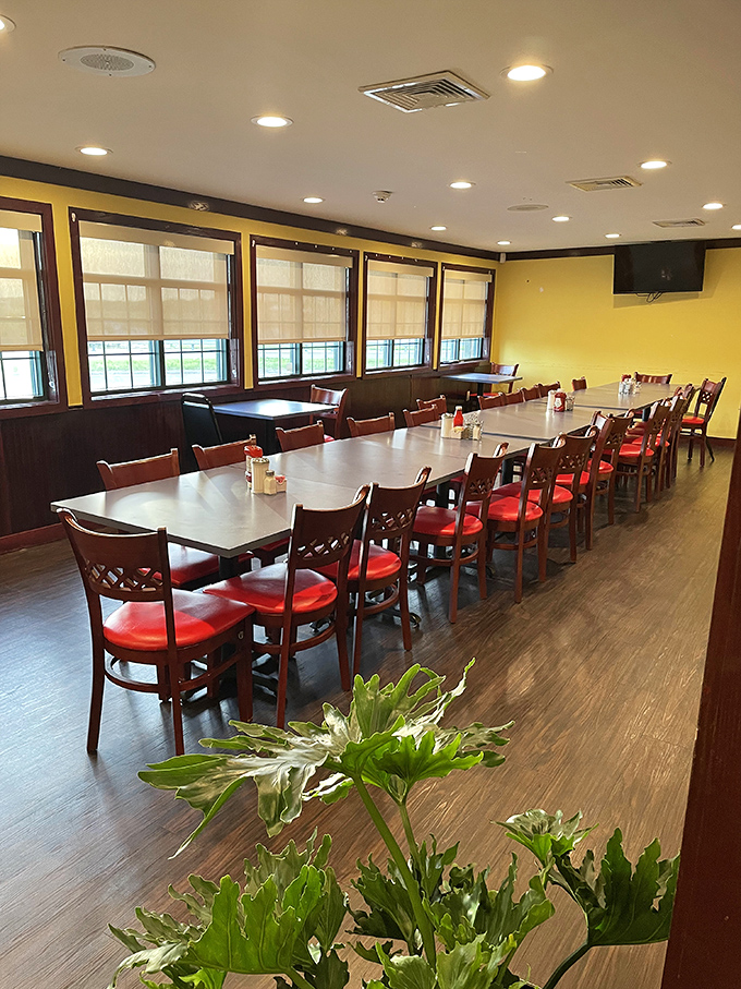 Sunshine-yellow walls and cherry-red chairs create the perfect backdrop for morning conversations that flow as smoothly as their bottomless coffee.