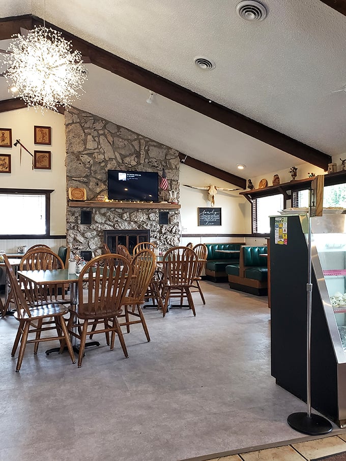 Step inside and immediately feel at home. That stone fireplace isn't just for show&mdash;it's warming both the room and your Missouri-sized appetite.