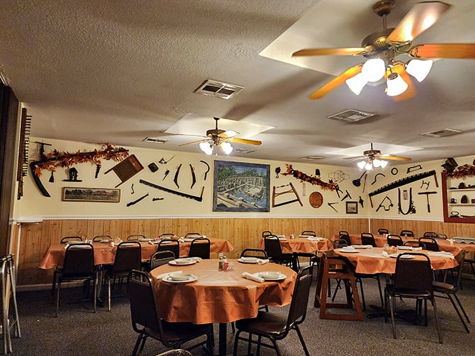 Time stands still inside Monte Ne Inn, where farm tools adorn walls and orange tablecloths set the stage for chicken dinners that define Arkansas comfort.