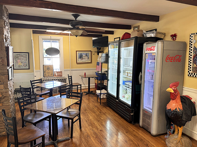 Inside, yellow walls and exposed beams create the feeling you've stumbled into grandma's kitchen—if grandma were a fried chicken savant.