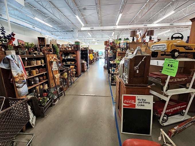 Aisles that stretch toward infinity, each one a rabbit hole of nostalgia. That Coca-Cola sign isn't just advertising&mdash;it's a time machine.