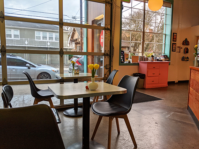 Mid-century modern meets comfort in this cozy interior where serious pie business happens. The yellow tulips add a touch of sunshine even on Portland's rainiest days.