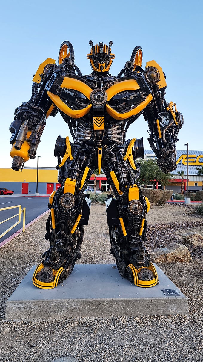 Not all guardians are in the galaxy. This towering yellow Transformer stands watch over the track, silently judging your racing skills.