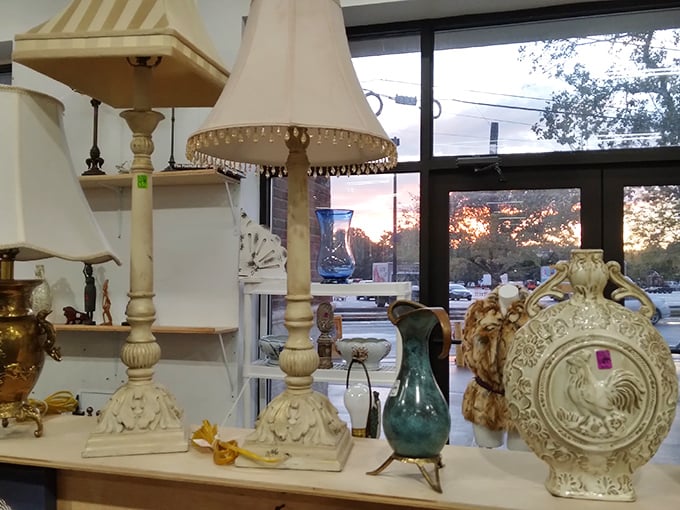Vintage lamps await their second act in someone's living room. That beaded lampshade is practically begging to illuminate your next great novel reading session!