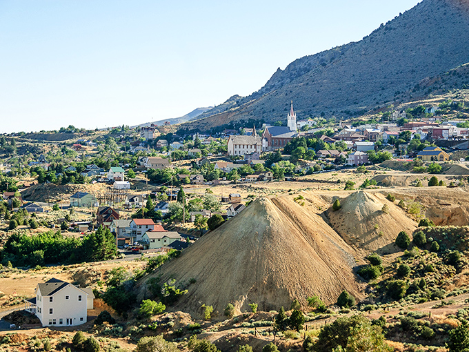 Virginia City sprawls across the mountainside, with mine tailings standing as monuments to the silver rush that built Nevada's fortune.