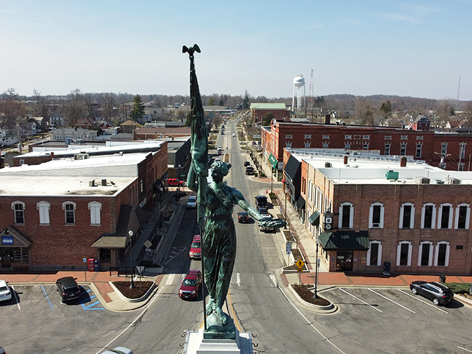From above, Columbia watches over Angola's historic downtown, where brick buildings and small-town charm create a scene worth preserving.