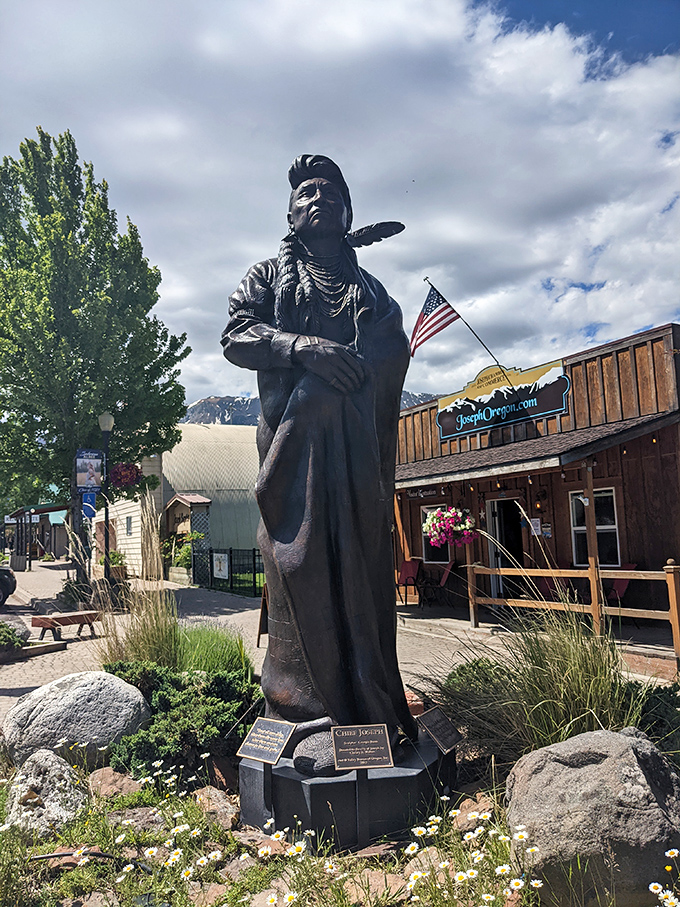 Standing tall against time and weather, Chief Joseph's bronze likeness keeps watchful eyes over the town that bears his name.