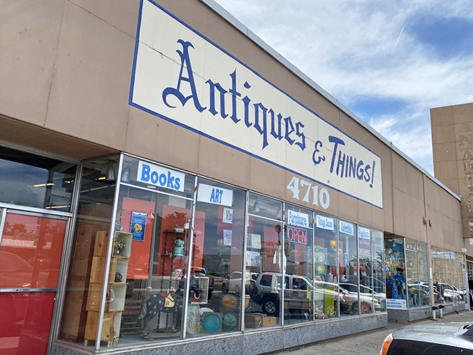 Books, art, and vintage decor advertised in the windows&mdash;a roadmap to adventures waiting inside this Route 66 landmark.