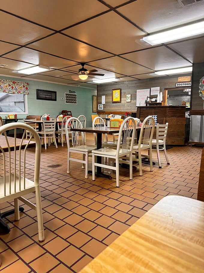 Inside, terra cotta tiles and mint green walls create a homey atmosphere where conversations flow as freely as the sweet tea.