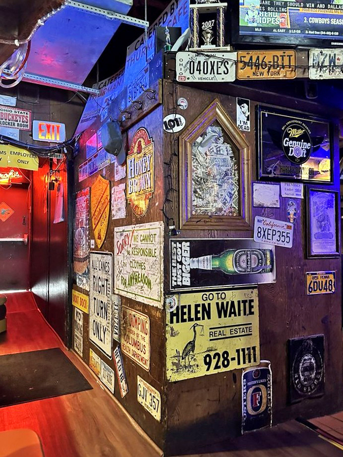 Every inch of wall space tells a story at Thurman's, where license plates and memorabilia create a museum of American nostalgia that pairs perfectly with comfort food.
