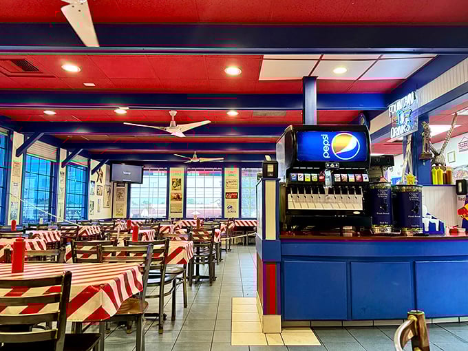 Inside, the stars and stripes continue with tablecloths that practically salute you while you contemplate which stuffer will change your life today.