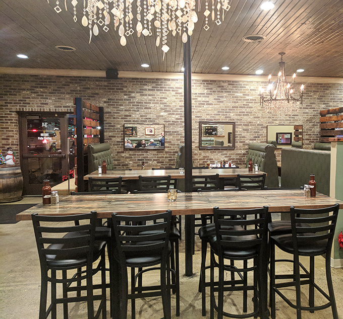 Rustic elegance meets barbecue brilliance. The brick walls and chandeliers create that rare atmosphere where both your inner foodie and comfort-seeker feel right at home.