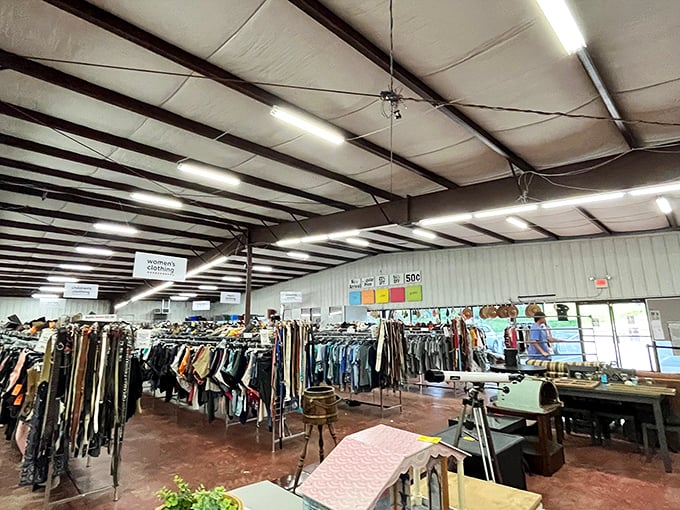 Beneath exposed beams and fluorescent lights, a wonderland of organized chaos awaits. The clothing section alone could outfit a small town with vintage flair.