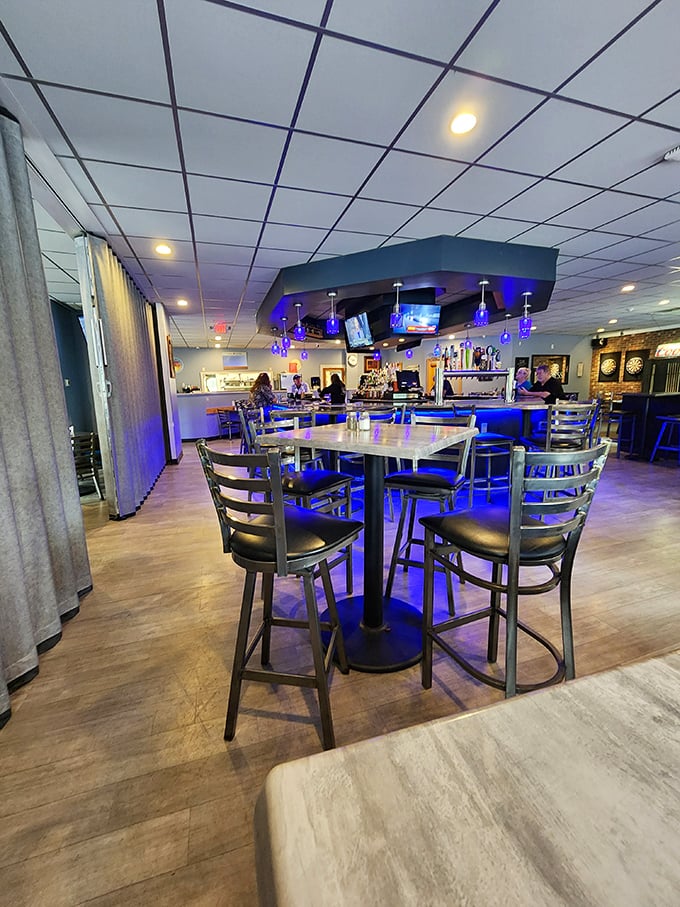 The blue-lit interior creates a cool vibe that says, "Yes, we take our burgers seriously, but we don't take ourselves too seriously."