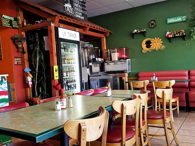 Colorful walls, wooden chairs, and that "Guadalajara" street sign &ndash; this isn't just decor, it's a warm embrace from Mexico itself.