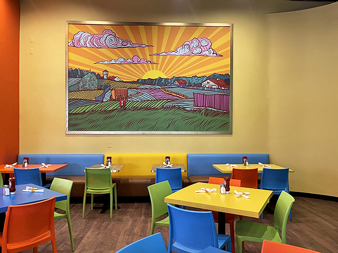 Sunshine bursts through the colorful interior where yellow tables and multi-hued chairs pop against a pastoral mural that screams "breakfast should never be boring!"