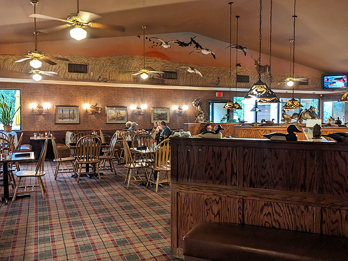 Step inside and you're transported to a rustic fishing lodge, complete with mounted catches and wooden charm that whispers, "Slow down, you're in catfish country now."