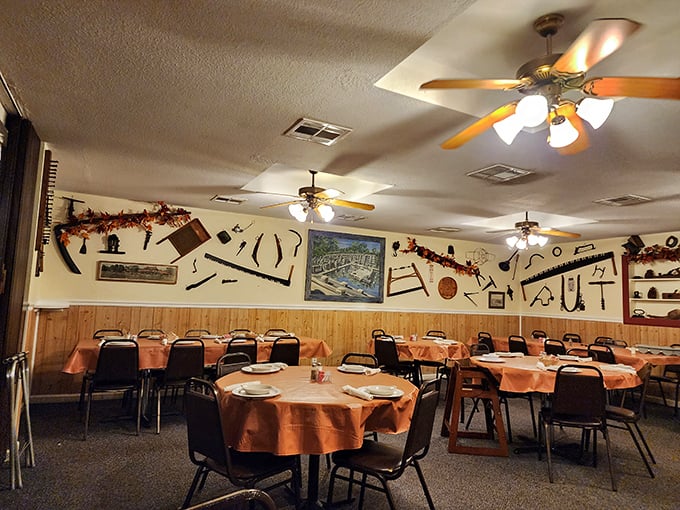 Farm implements adorn walls above peach-colored tablecloths&mdash;a dining room that whispers "you're family now" before the first bite is even served.