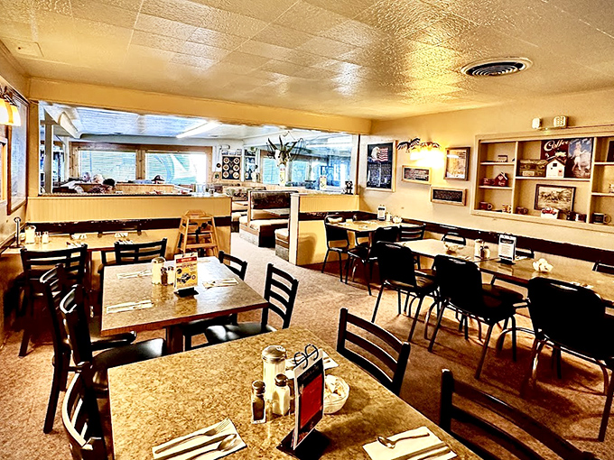 Inside, the warm, inviting dining room feels like a time capsule of American diner culture—where conversations flow as freely as the coffee.