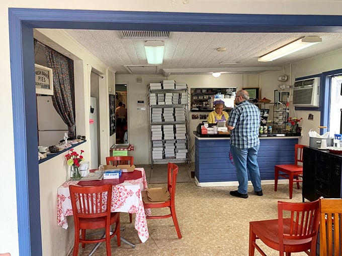 Inside, the no-frills dining area with its red chairs and tablecloth feels like stepping into your favorite aunt's kitchen&mdash;if your aunt happened to be a pie genius.