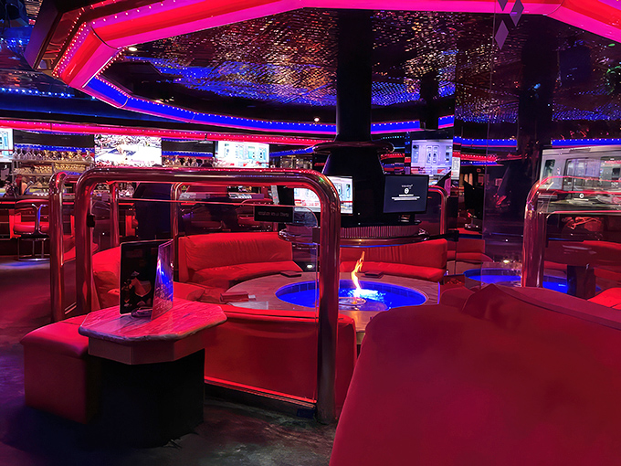 Where fire meets lounge in the legendary Fireside Lounge. These flame-lit red booths have witnessed more Vegas confessions than a wedding chapel at 3 AM.