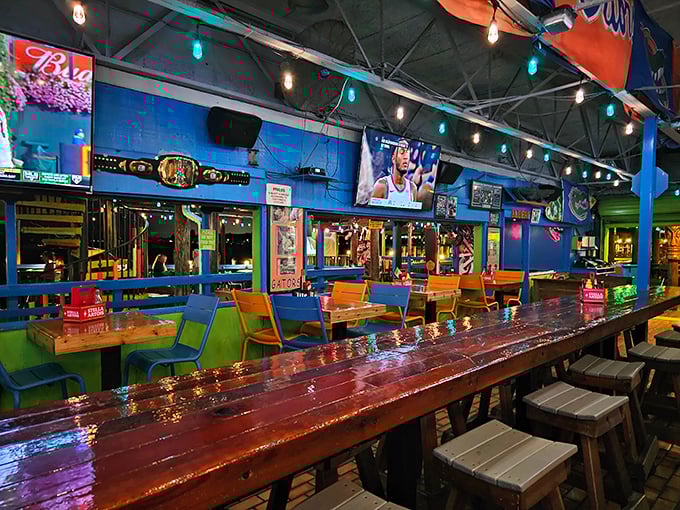 The bar's weathered wood tells stories of countless toasts and coastal celebrations. Blue walls and colorful chairs complete the "no worries" vibe.