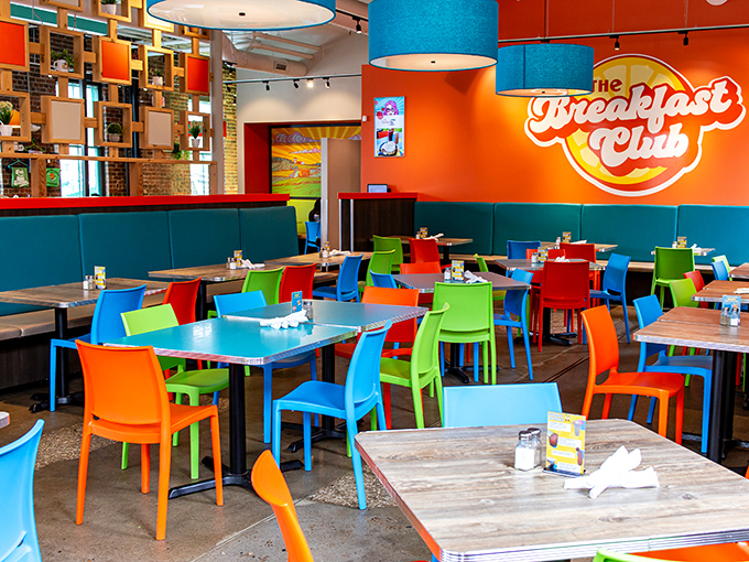 A color explosion that makes Willy Wonka look restrained&mdash;this dining room says "life's too short for beige breakfasts."