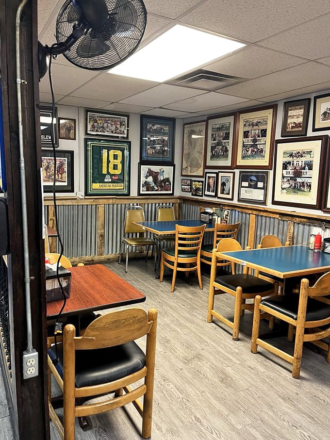 Racing royalty lines these walls—where else can you enjoy perfect hash browns while surrounded by Kentucky Derby legends?