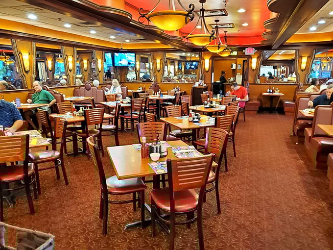 Inside, warm wood tones and classic diner booths create the perfect backdrop for life's important conversations. Somewhere in America, Norman Rockwell is smiling.