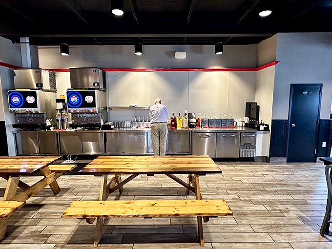 No-frills dining at its finest. Wooden picnic tables invite communal eating while the minimalist counter keeps the focus where it belongs&mdash;on the meat.