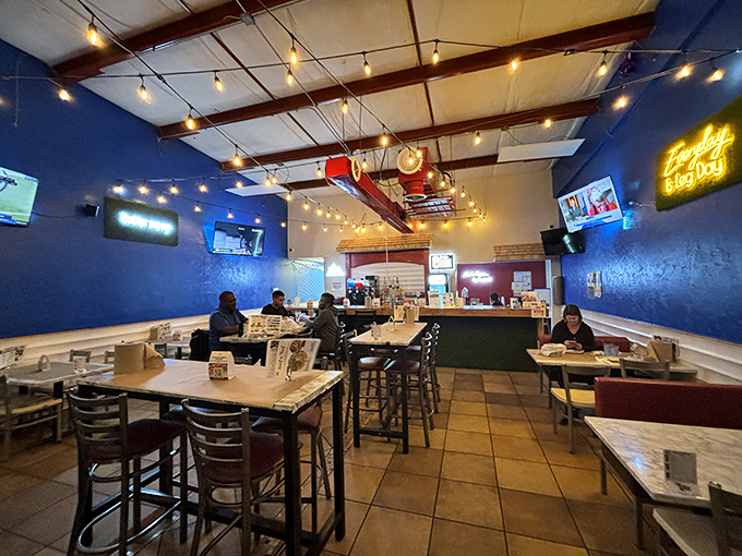 Blue walls and string lights create a casual, nautical vibe&mdash;no white tablecloths needed when butter-drenched seafood is the star attraction.