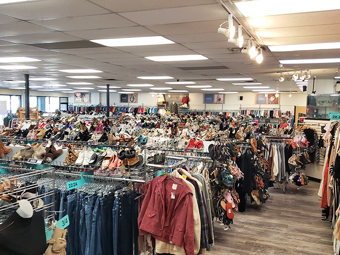 A fashion wonderland awaits inside, where racks upon racks create a textile ocean of possibilities for the savvy shopper.