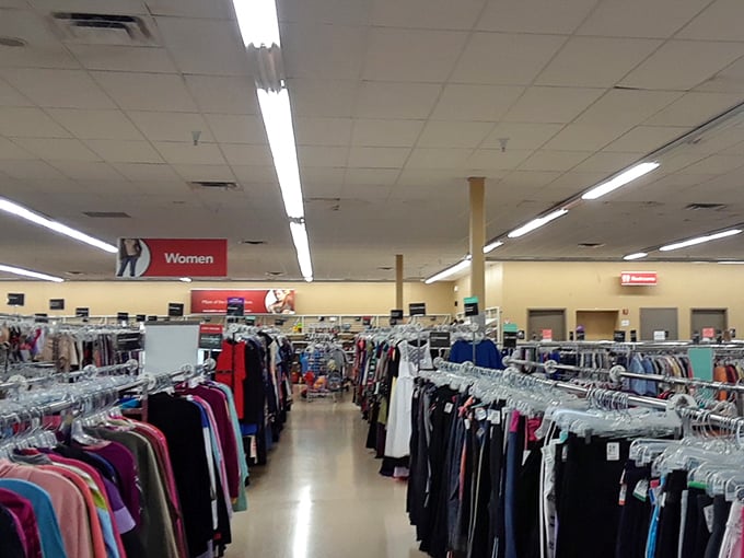 Endless rows of color-coded clothing stretch toward fluorescent horizons, a fabric rainbow organized with military precision for maximum treasure-hunting efficiency.
