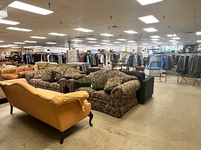 A furniture wonderland where floral patterns from three decades ago find new admirers. Your grandmother's sofa is waiting for its second act.