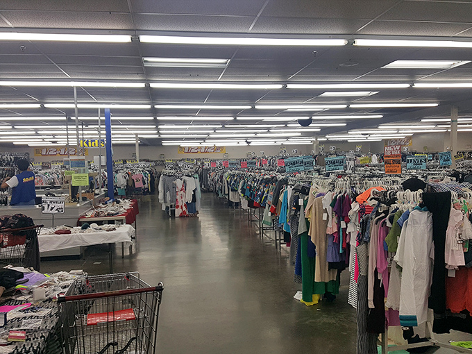 Rack after glorious rack of clothing stretches into the distance like a fashionista's dream landscape. The hunt begins here, and the rewards are plentiful.