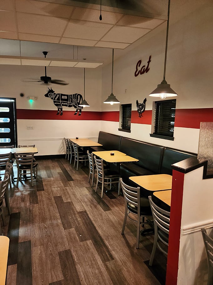 Simple, clean interior with that signature red stripe and cow diagram that whispers, "We take our meat seriously, folks."