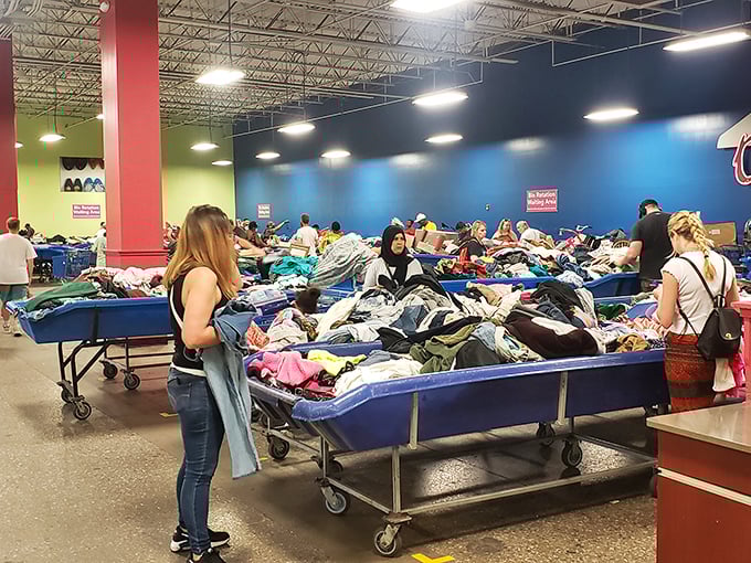 Blue bins as far as the eye can see—like an archaeological dig where yesterday's castoffs become today's must-haves.