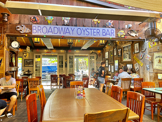 Step inside and you're transported to the French Quarter. Colorful fish decorations, wooden beams, and decades of character create a welcoming haven for seafood lovers.