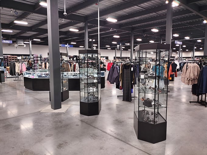Clothing racks and jewelry displays stretch into the distance, a bargain hunter's version of that infinite chocolate room from Willy Wonka.