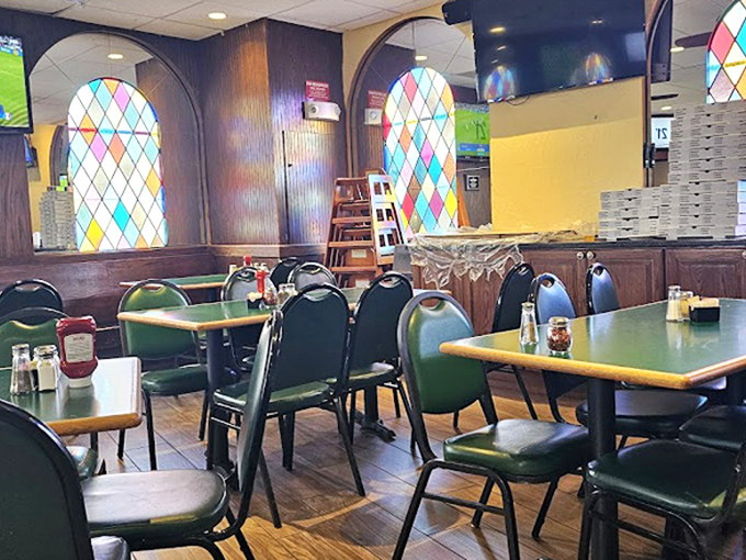 Where church meets tavern&mdash;those colorful diamond-patterned windows transform an ordinary dining room into something almost spiritual. Pizza pilgrims have worshipped here since 1973.