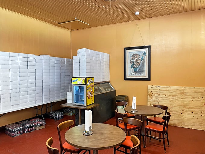 Simple tables, wood-paneled walls, and stacks of donut boxes ready for the morning rush. No Edison bulbs or reclaimed wood here&mdash;just pure, unpretentious donut paradise.