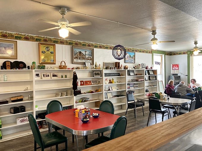 Inside, shelves lined with local memorabilia tell Dover's story while ceiling fans lazily spin above tables where countless conversations have unfolded.